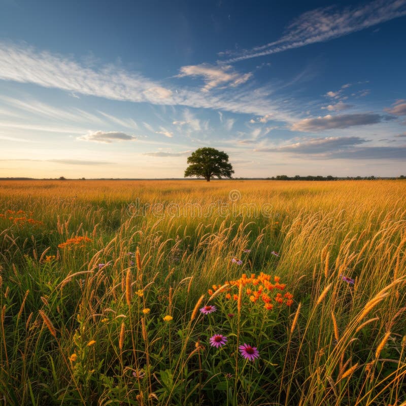 Solitary Tree in a Vibrant Wildflower Field at Sunset Stock ...