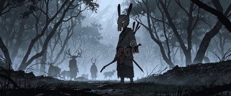 A Solitary Tribal Figure Stands with a Mask in a Foreboding, Misty ...