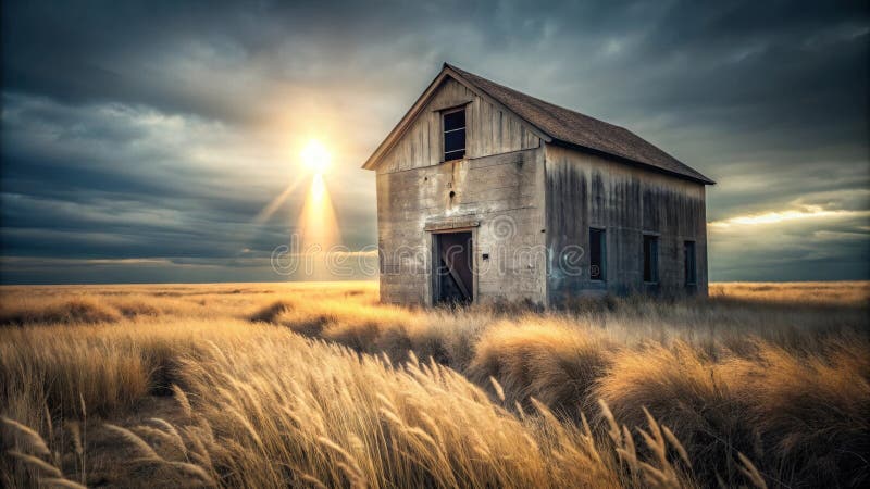Solitary Weathered Structure in a Field of Tall Grass at Sunset ...