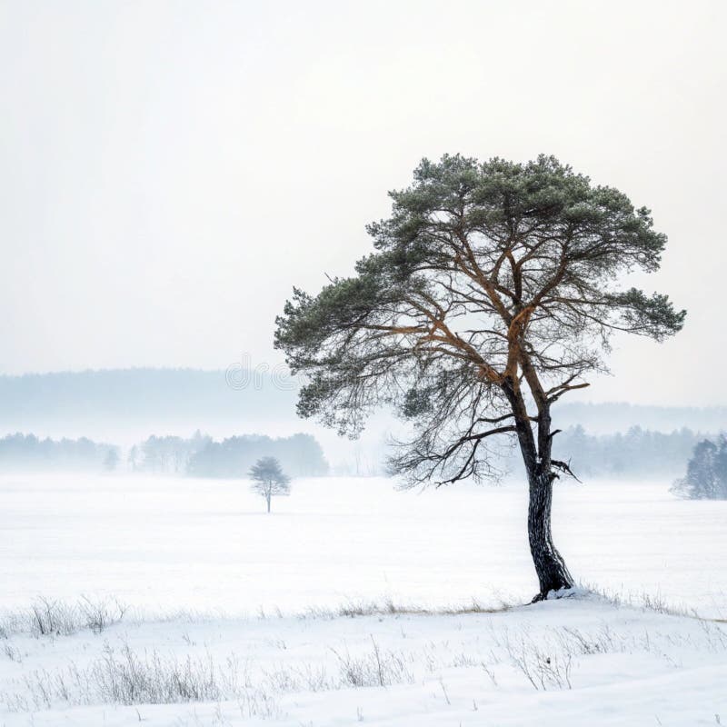 Winter Landscape with Solitary Tree Stock Illustration - Illustration ...