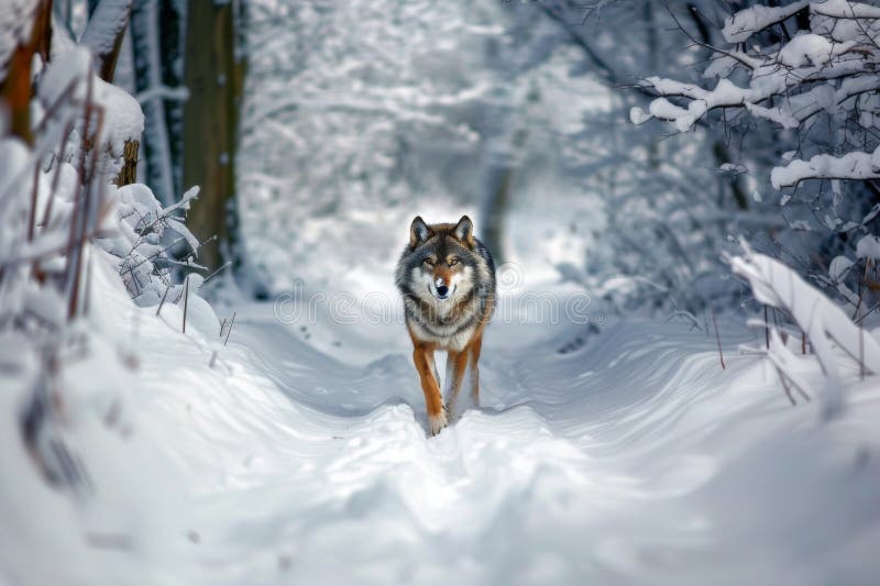 Lone Wolf Approaching on a Snowy Forest Path. Generative AI Stock ...