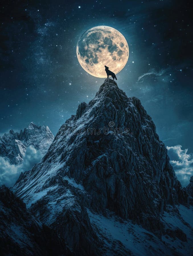 A Solitary Wolf Stands at the Summit of a Mountain Under Starry Night ...