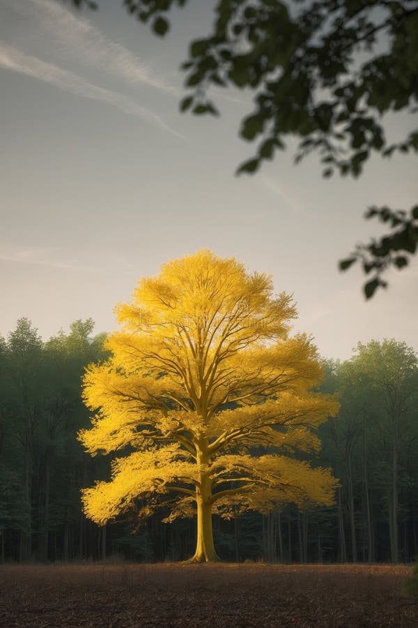 A Solitary Yellow Tree in the Heart of a Lush Green Forest. Stock Image ...