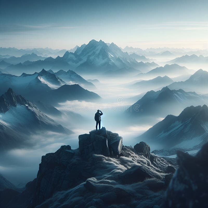 Solitude Amid Mountain Peaks and Mist Stock Image - Image of mist ...