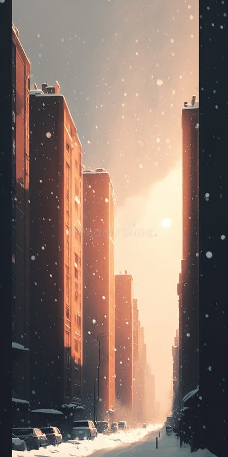 Solitude in the City with Snow Falling at Sunset. Stock Image - Image ...