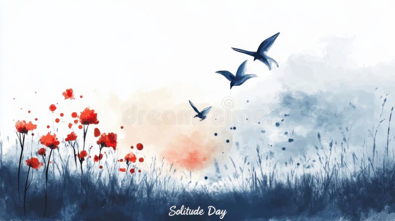 Solitude Day Tranquil Landscape with Birds in Flight and Red Flowers on ...
