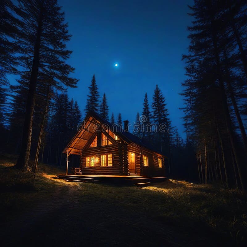 Solitude in the Forest Cabin in the Dark Woods at Stock Illustration ...