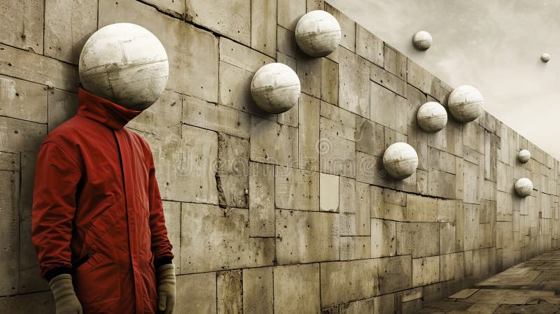 Solitude. Man with Sphere Head and Concrete Wall, Attached Spheres ...
