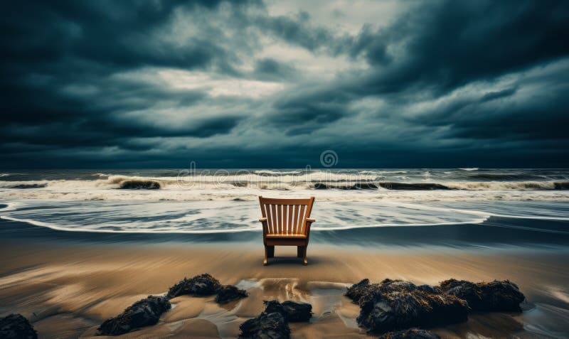 Solitude by the Sea Lone Chair Facing Stormy Ocean Waters Under a ...