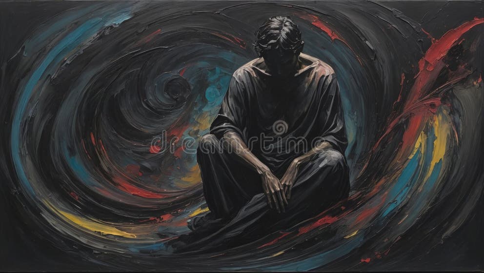 Solitude in Shadows Abstract Painting of Isolated Figure in Deep ...