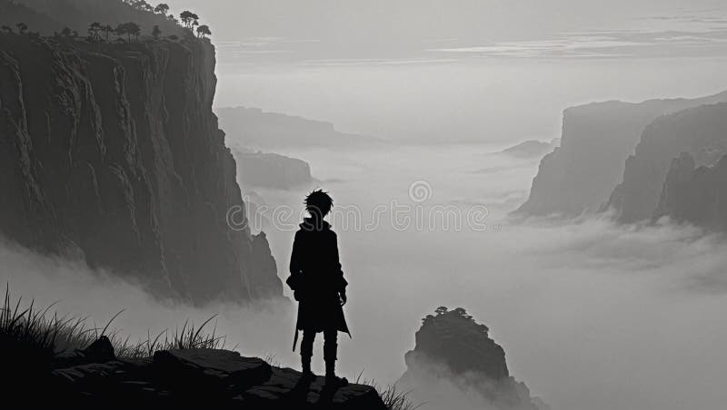 Solitude Silhouette of a Figure on Foggy Cliffside Anime Style Stock ...