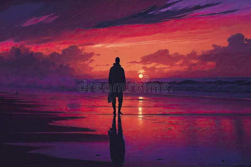 Solitude at Sunset: a Lone Figure on a Deserted Beach. Perfect for ...