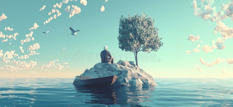 Solitude on Tranquil Island with Tree and Boat, Reflective Scene of Man ...
