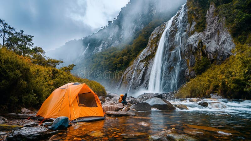 A Solo Backpacker Setting Up Camp Near a Picturesque Waterfall Stock ...