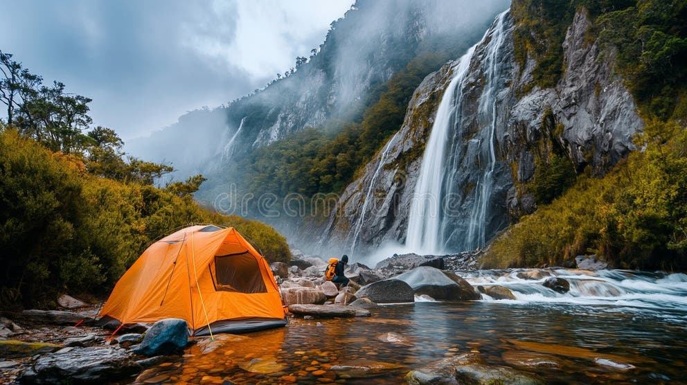 A Solo Backpacker Setting Up Camp Near a Picturesque Waterfall Stock ...