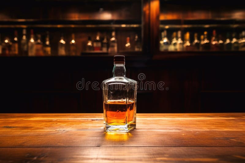 A Solo Half-empty Whiskey Bottle on a Wooden Counter Stock Image ...