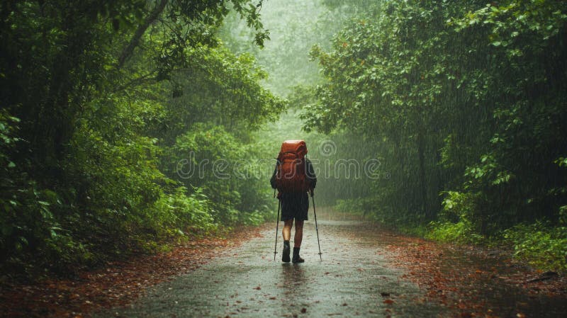 A Solo Hiker Navigates a Rain-Soaked Forest Path Stock Illustration ...