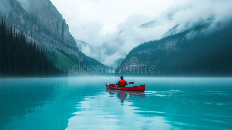 Solo Kayaking Misty Green Lake Serene Nature Landscape Stock Photos ...