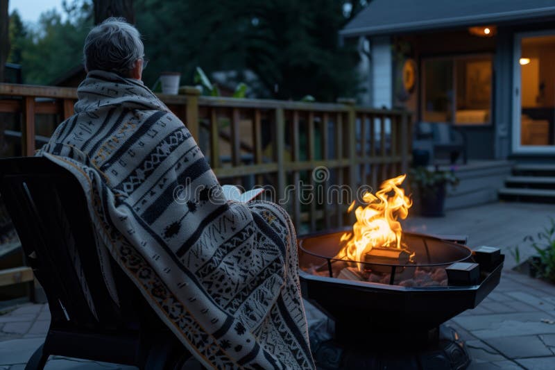 Solo Reader Wrapped in a Blanket beside a Patio Fire Pit Stock Photo ...