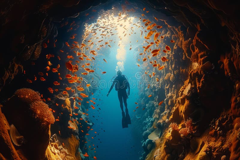 Solo Scuba Diver Exploring Underwater Cave with Sunlight and Fish Stock ...