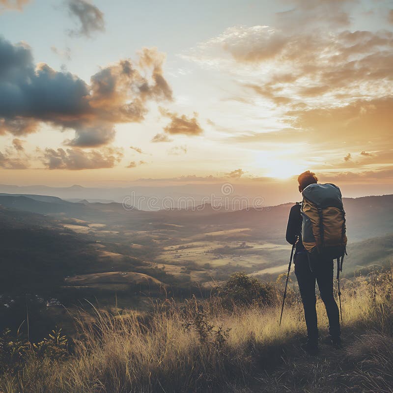 Solo Traveler on Hilltop at Sunset with a Backpack Embracing Freedom ...