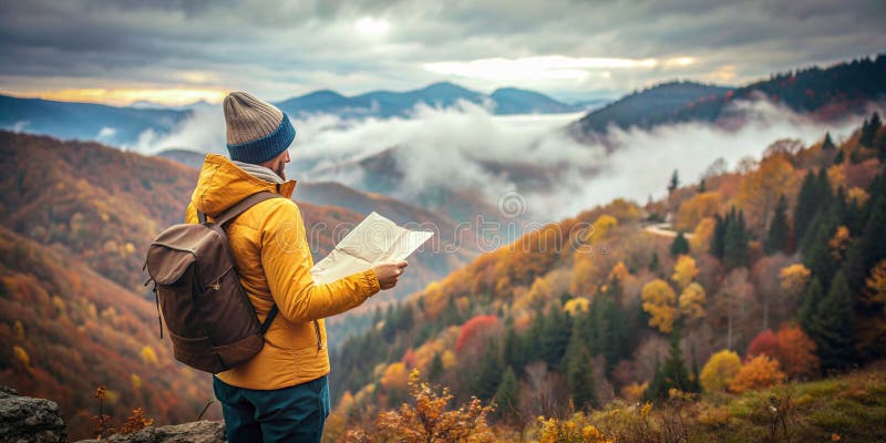 Solo Traveler with Map Exploring Autumn Mountains on a Misty Day ...