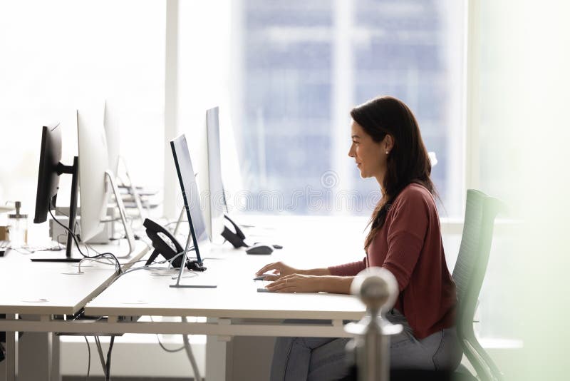Busy Young Female Corporate Employee Work Alone Desktop Pc Stock Photos ...