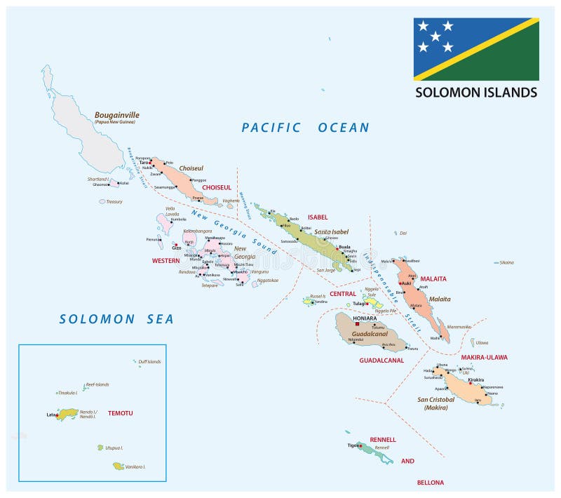 Solomon Islands Administrative and Political Map with Flag Stock Vector ...