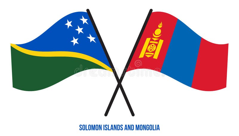 Solomon Islands And Mongolia Flags Crossed And Waving Flat Style
