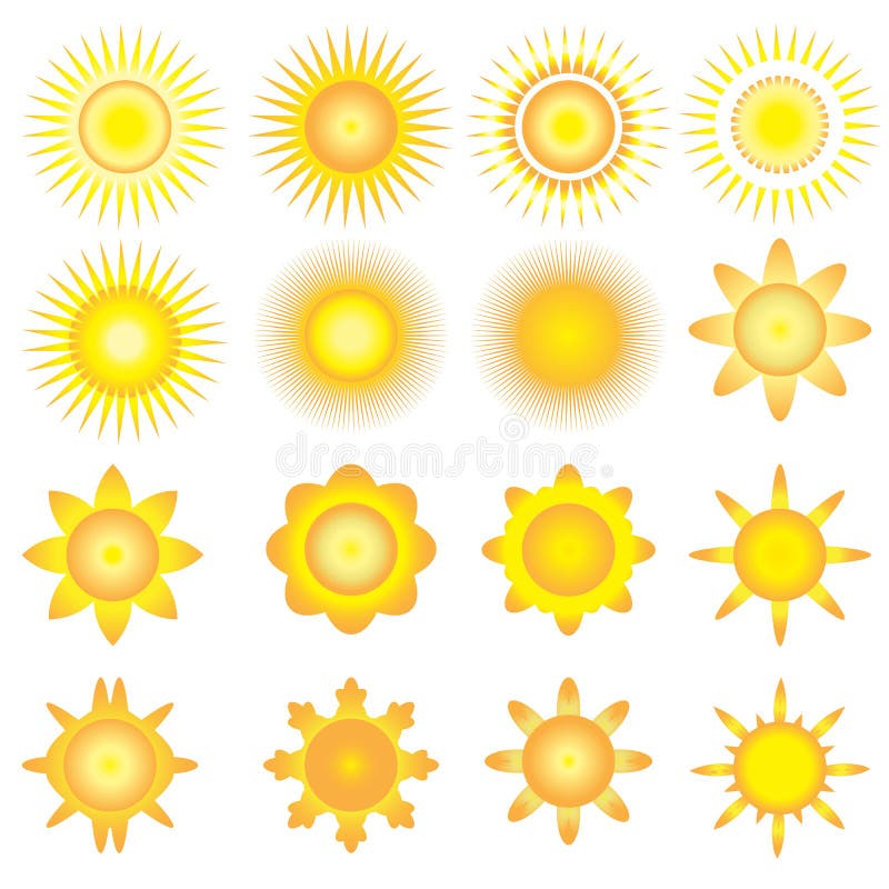 Uppsättning Av Olika Enkla Gula Orange Solsymboler På Vita Spetsiga Och ...