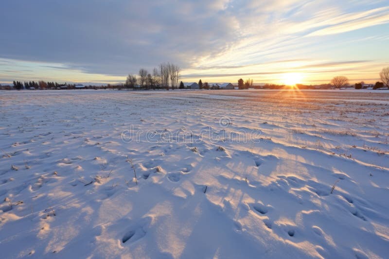 Solstice Sunset Casting Long Shadows on a Snow Field Stock Illustration ...