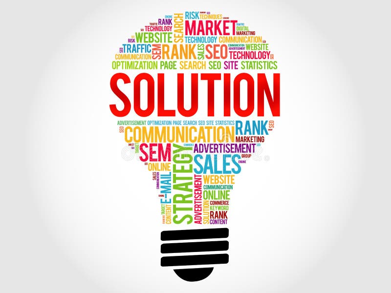 SOLUTION bulb word cloud stock illustration. Illustration of lamp ...