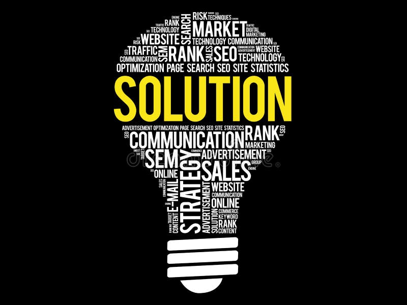 SOLUTION bulb word cloud stock illustration. Illustration of consultant ...