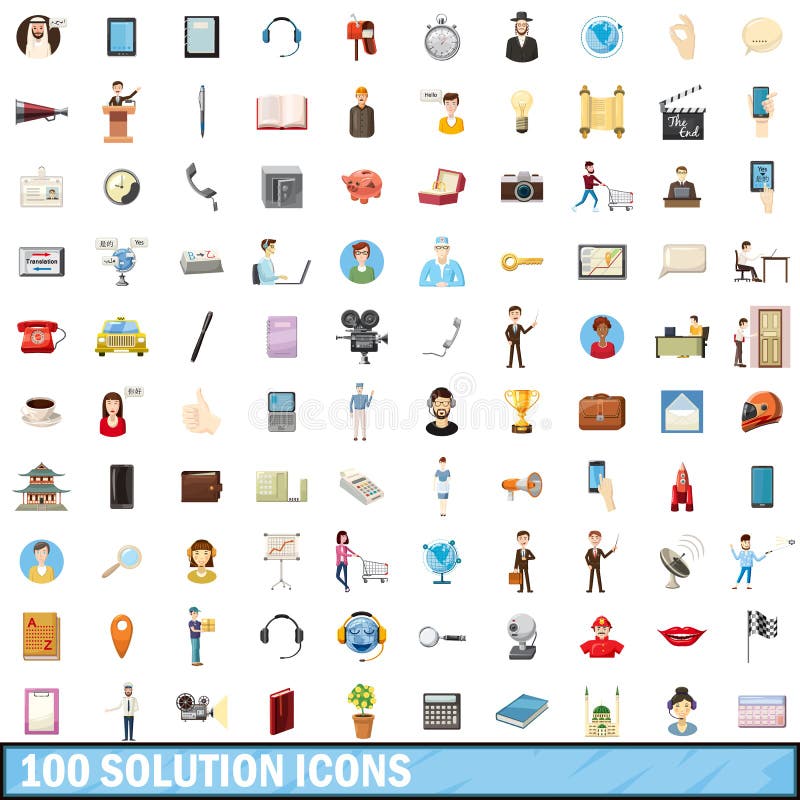100 Solution Icons Set, Cartoon Style Stock Vector - Illustration of ...