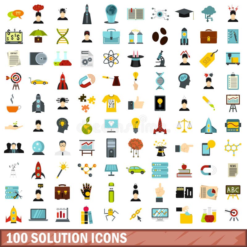 100 Solution Icons Set, Flat Style Stock Vector - Illustration of light ...