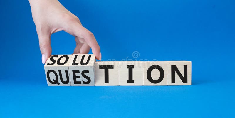 Solution and Question Symbol. Hand Turns a Cube and Changes the Words ...