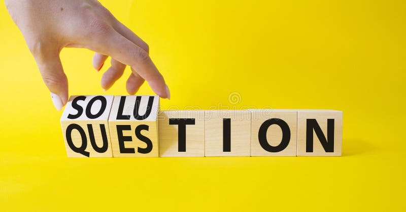 Solution and Question Symbol. Hand Turns a Cube and Changes the Words ...