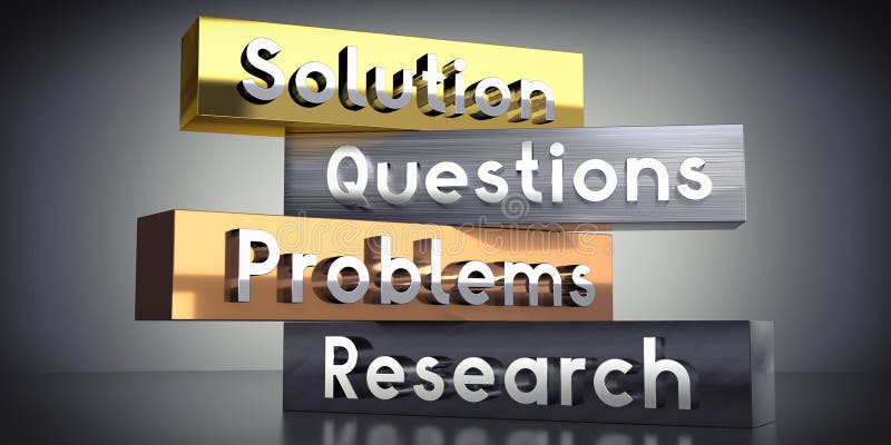 Solution, Questions, Problems, Research - Words on Metal Blocks Stock ...