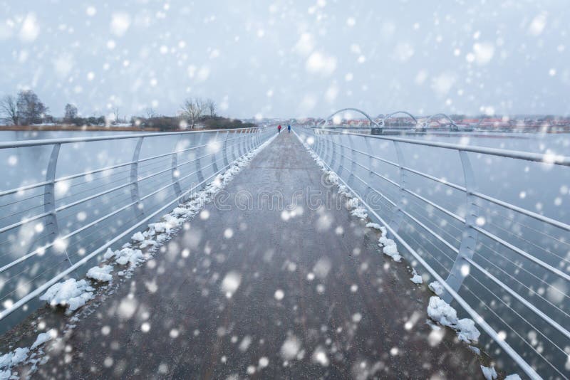 Solvesborgsbron Pedestrian Bridge with Falling Snow in the South of ...