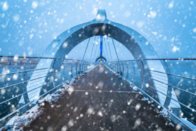 Solvesborgsbron Pedestrian Bridge with Falling Snow in the South of ...