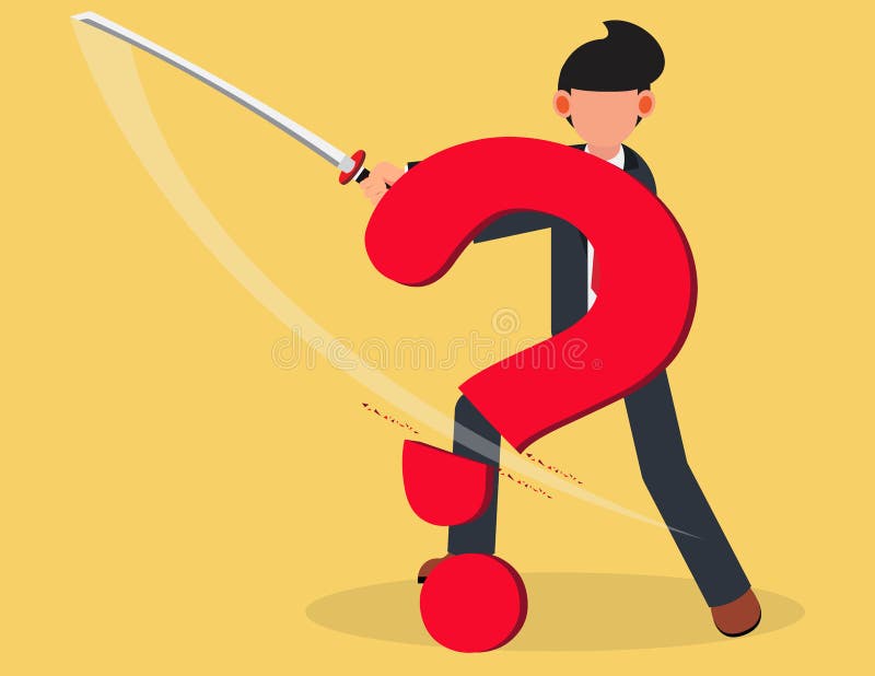 Solving Problem. Businessman Cuts Question Mark with a Sword Stock ...