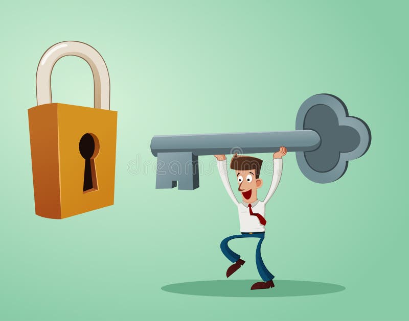 Conceptual Cartoon of Businessman Looking for Right Key To Padlock ...