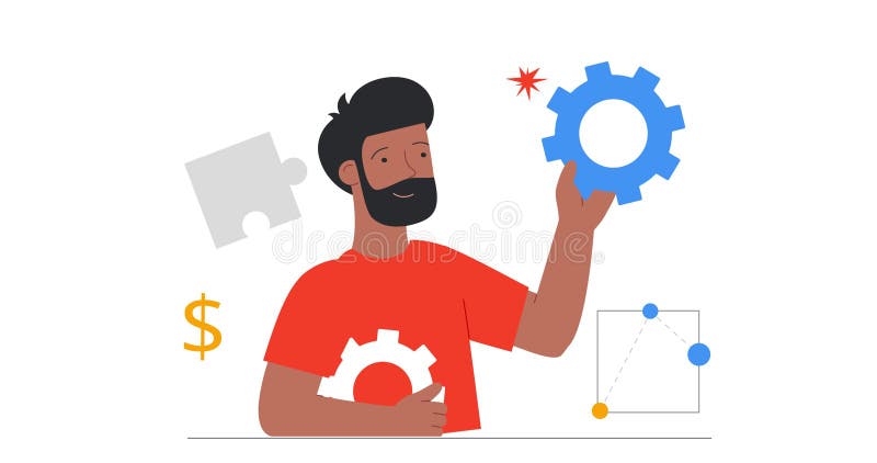 Solving Problems. Moving Banner with Happy Male Entrepreneur Holding ...