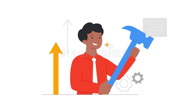 Solving Problems. Moving Banner with Smiling Man Holding Big Hammer and ...