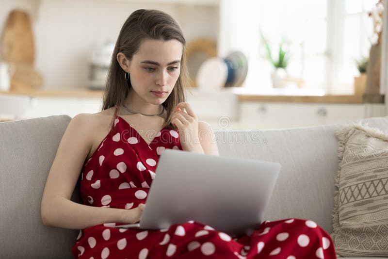 Thoughtful Young Woman Remote Student Use Notebook at Home Office Stock ...