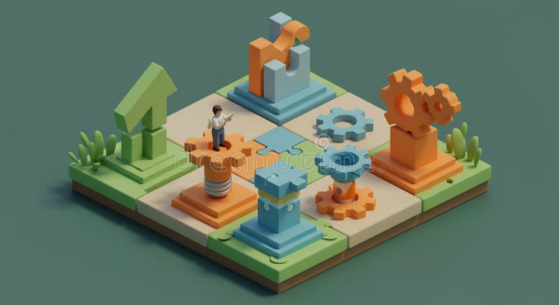 Solving Puzzle Isometric Illustration Person with Gear Structures Stock ...
