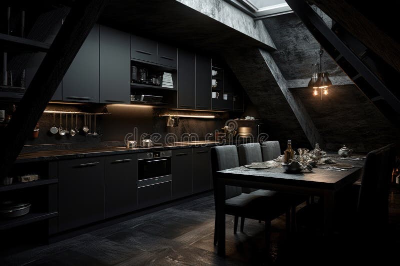 Somber Kitchen Dark Interior. Generate Ai Stock Illustration ...