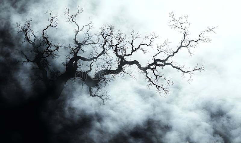 A Somber, Leafless Tree Reaches into the Sky Amid Dense, Low-lying Fog ...