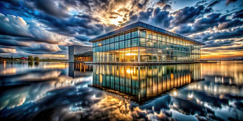 A Somber Reflection a Modern Glass Skyscraper on a Cloudy Urban Skyline ...