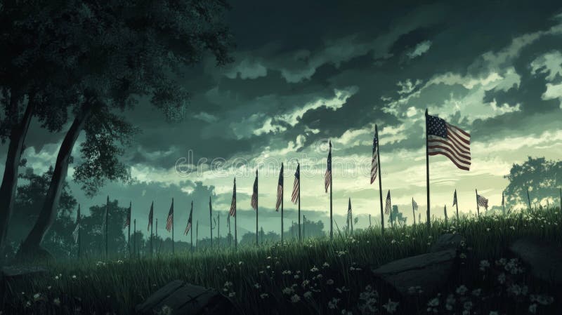 Somber Sunset at a Field of Flags Memorial Stock Illustration ...
